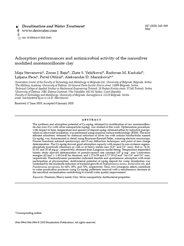 Adsorption Performances and Antimicrobial Activity of The Nanosilver Modified Montmorillonite ...
