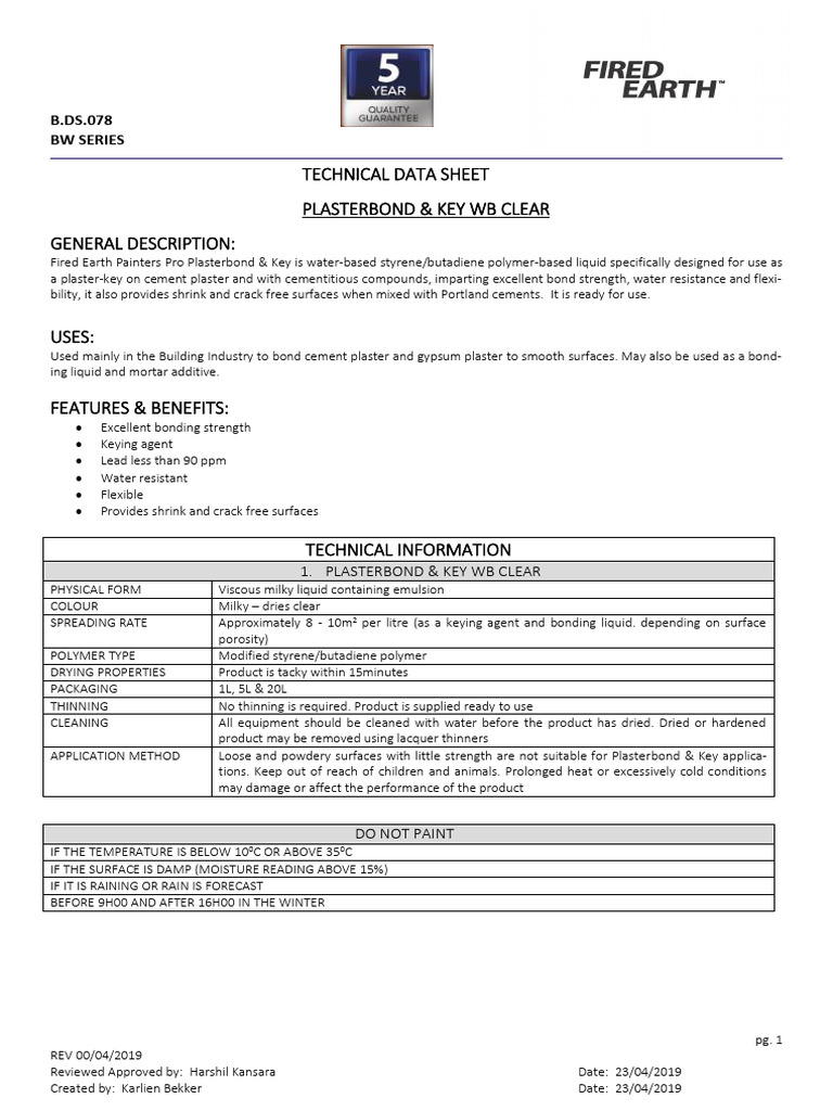 Technical Data Sheet Plasterbond & Key WB Clear General Description ...