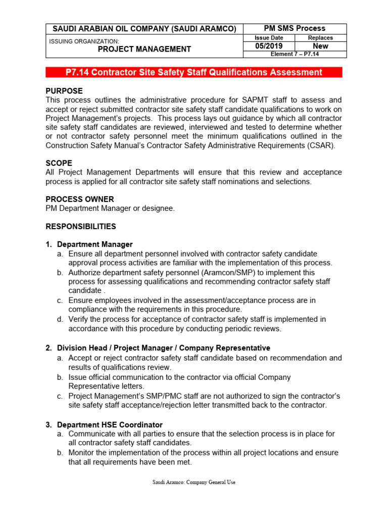 P7.14 Contractor Site Safety Staff Qualifications Review | PDF