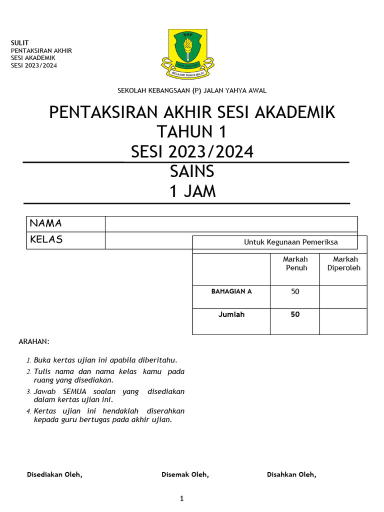 Pat Sains Tahun 1 Pdf