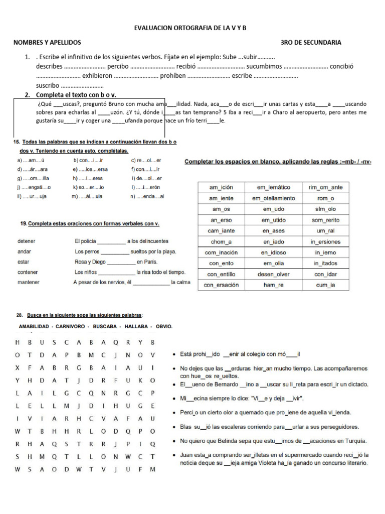 Examen de Ortografía B y V para Secundaria | PDF | Artes del Lenguaje y ...