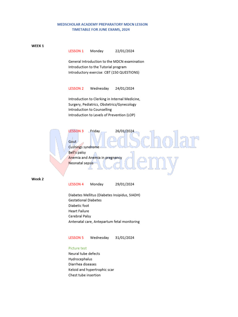 MDCN Exam Prep Timetable 2024 | PDF | Childbirth | Hepatitis