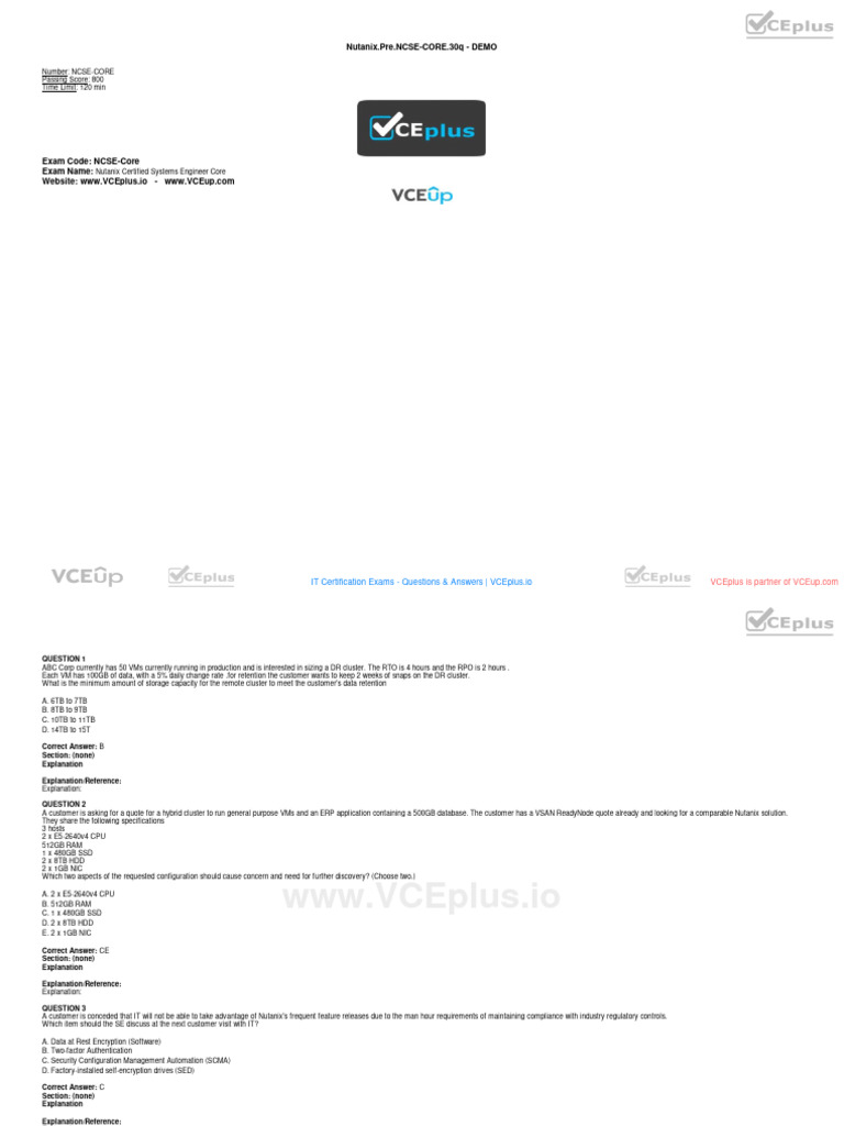 Nutanix - Pre .Ncse Core.30q Demo | PDF | Cloud Computing | Computer Cluster