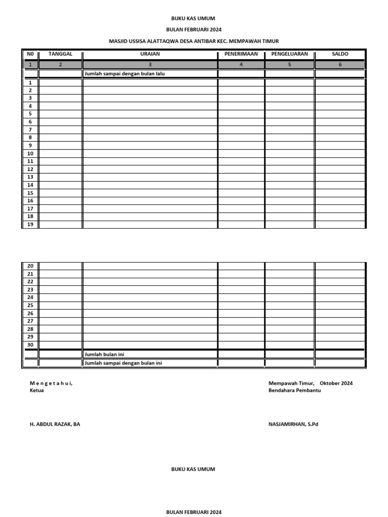 Buku Kas Umum Masjid Ussisa (Rekapan) | PDF