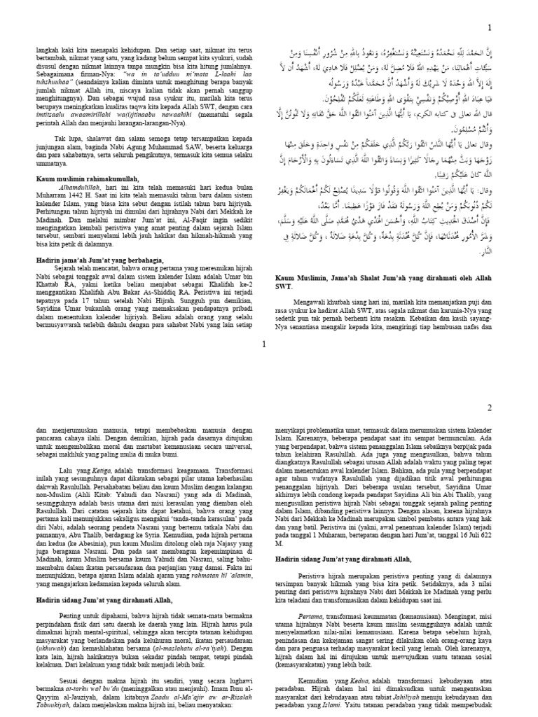 Khutbah Jumat 2 Muharram 1442 H - Memaknai Hijrah | PDF