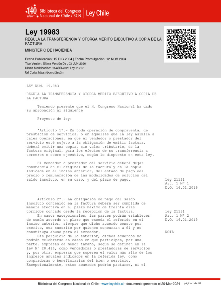 Ley 19983 - 15 Dic 2004 | PDF | Pagos | Factura