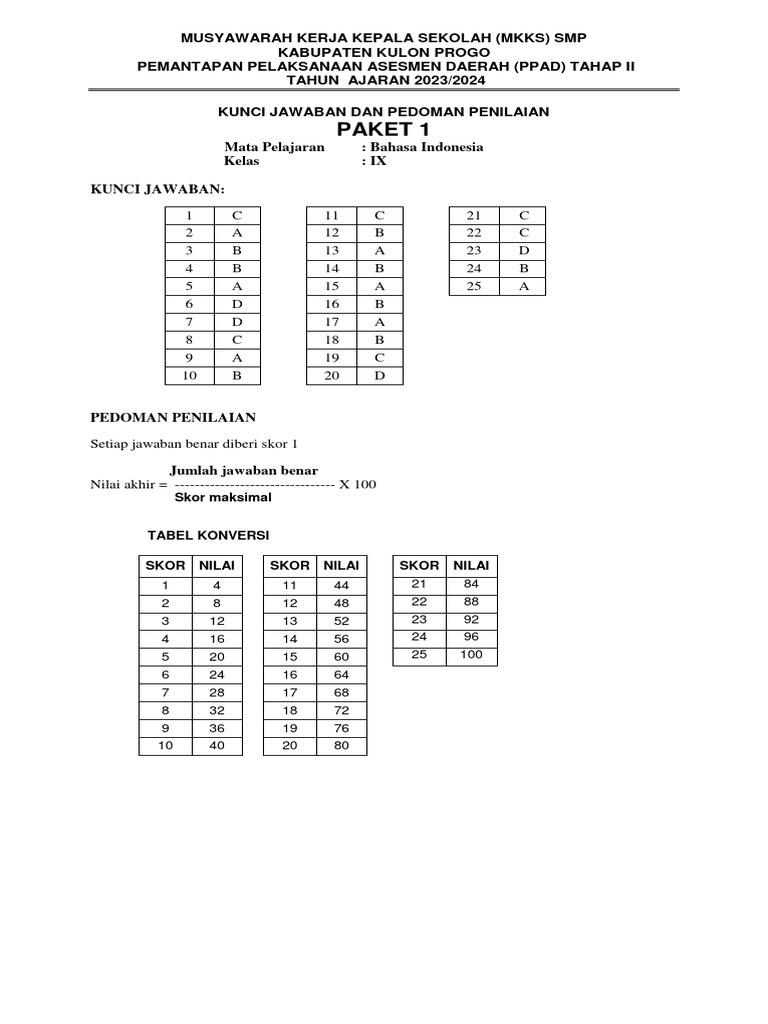 Kunci Paket 1-B Indonesia KP2 | PDF