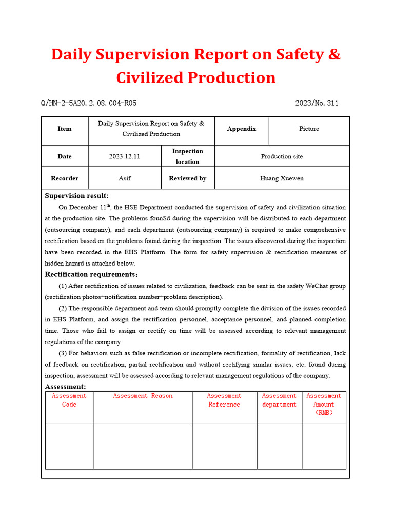 Daily Supervision Report On Safety & Civilized Production | PDF | Rectifier