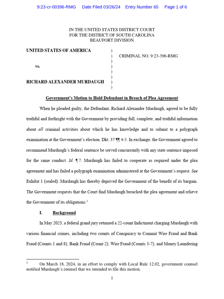Motion to hold Murdaugh in breach of plea agreement | PDF | Plea | Plea ...