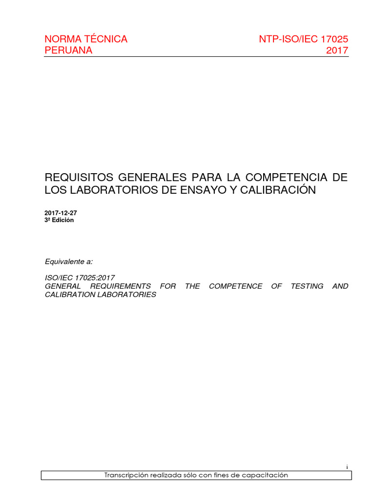 Transcripción NTP-ISO-IEC 17025 - 2017 | PDF | Calibración | Laboratorios