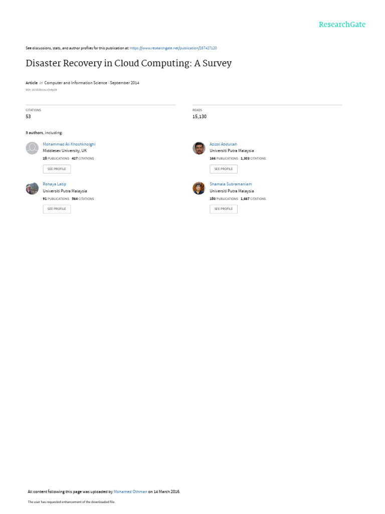 Disaster Recovery in Cloud Computing A Survey | PDF | Cloud Computing | Replication (Computing)