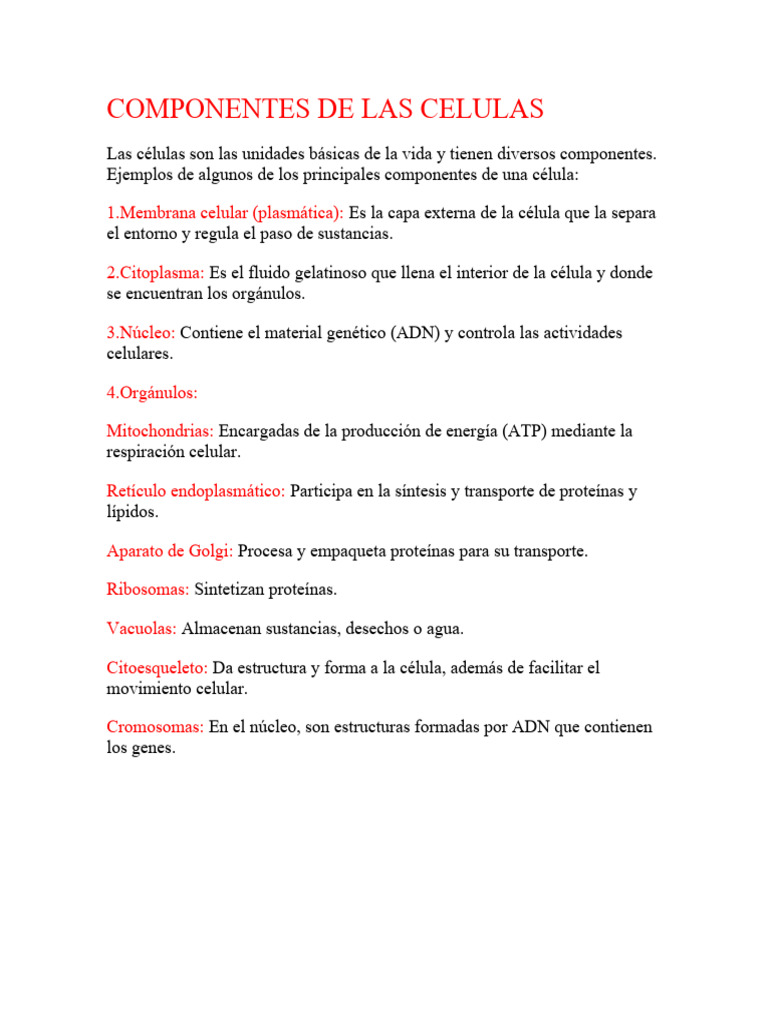 Componentes de Las Celulas | PDF | Citoplasma | Biología Celular)