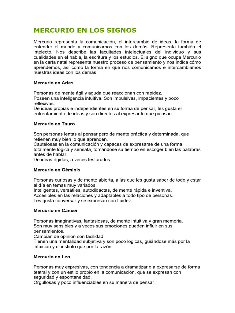 Mercurio en los Signos Zodiacales | PDF | Pensamiento | Intuición