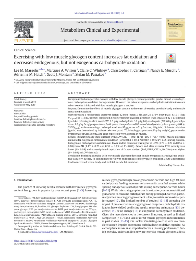 Low Glycogen Exercise Effects on Fat Oxidation | PDF | Glycogen ...