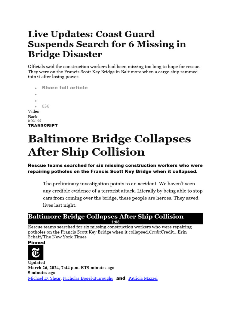 Live Updates - Coast Guard Suspends Search For 6 Missing in Bridge ...