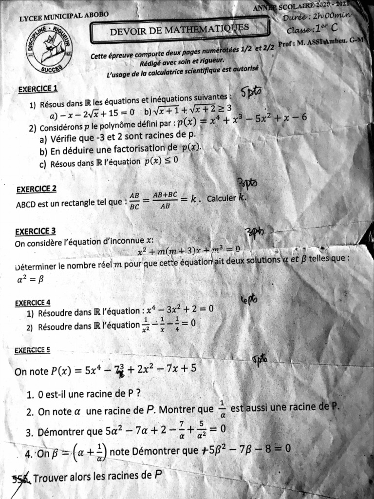 Devoir MATHS 1erec Lycée Municipal Abobo | PDF