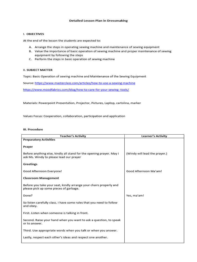 Detailed Lesson Plan in Dressmaking | PDF | Sewing Machine | Sewing