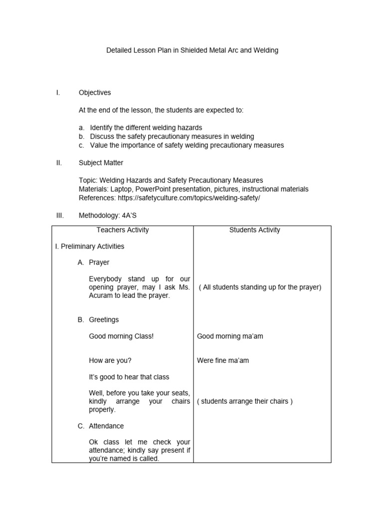 Detailed Lesson Plan in Shielded Metal Arc and Welding | PDF | Welding ...