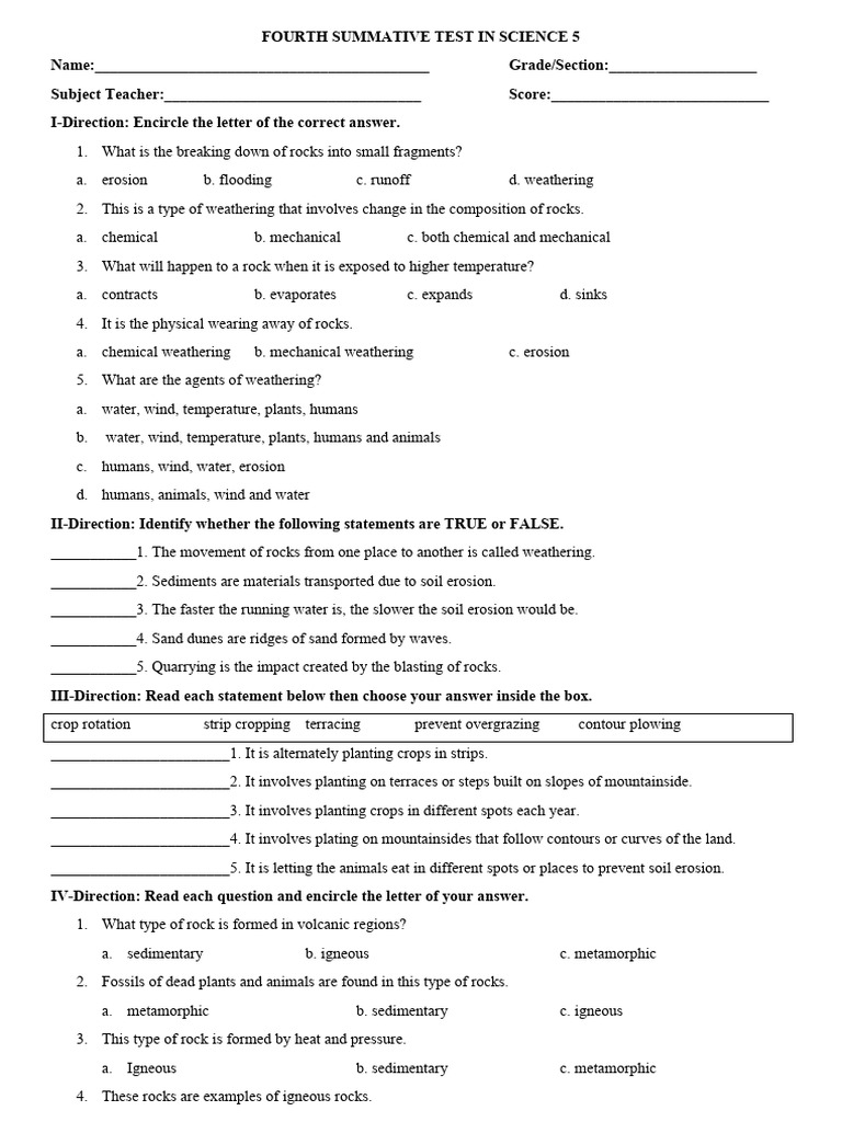 Science 5 Fourth Summative Test | PDF | Rock (Geology) | Sedimentary Rock