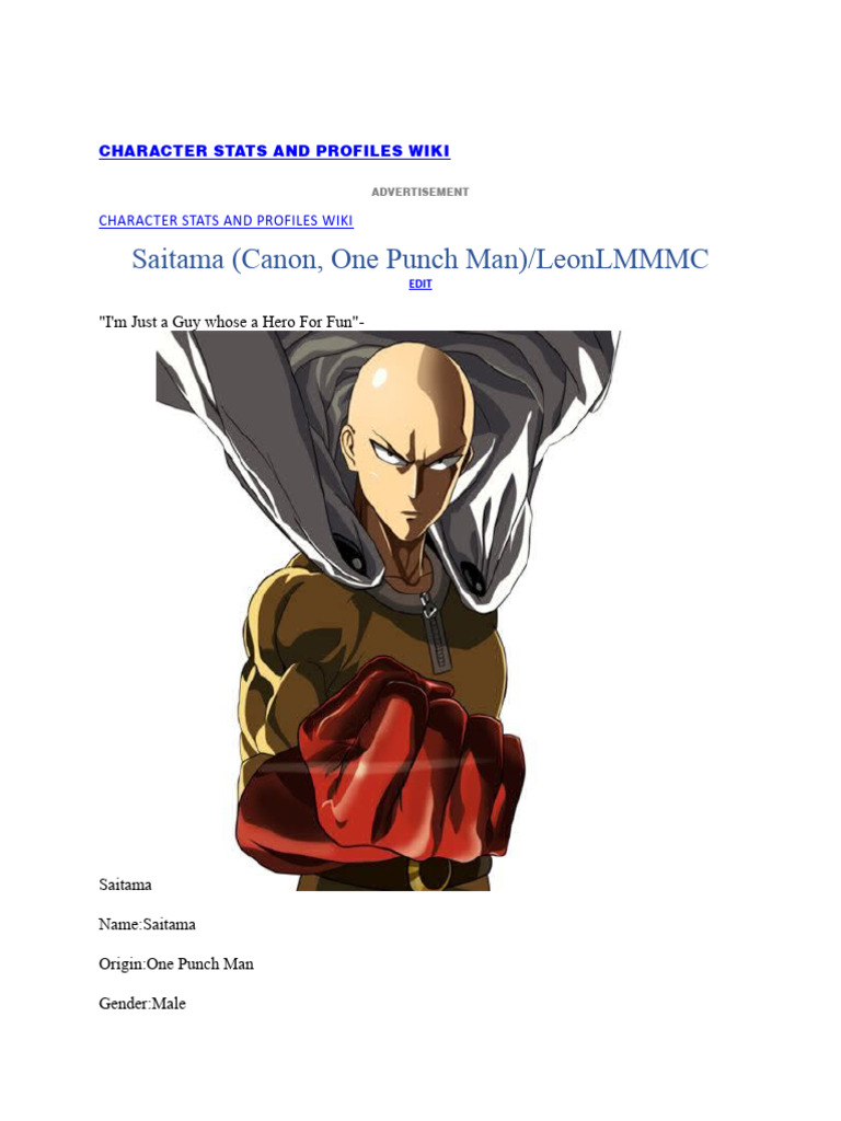 Saitama Character Profile and Stats | PDF | Young Adult