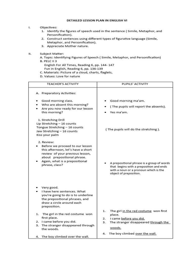 Detailed Lesson Plan in English VI | PDF | Preposition And Postposition ...