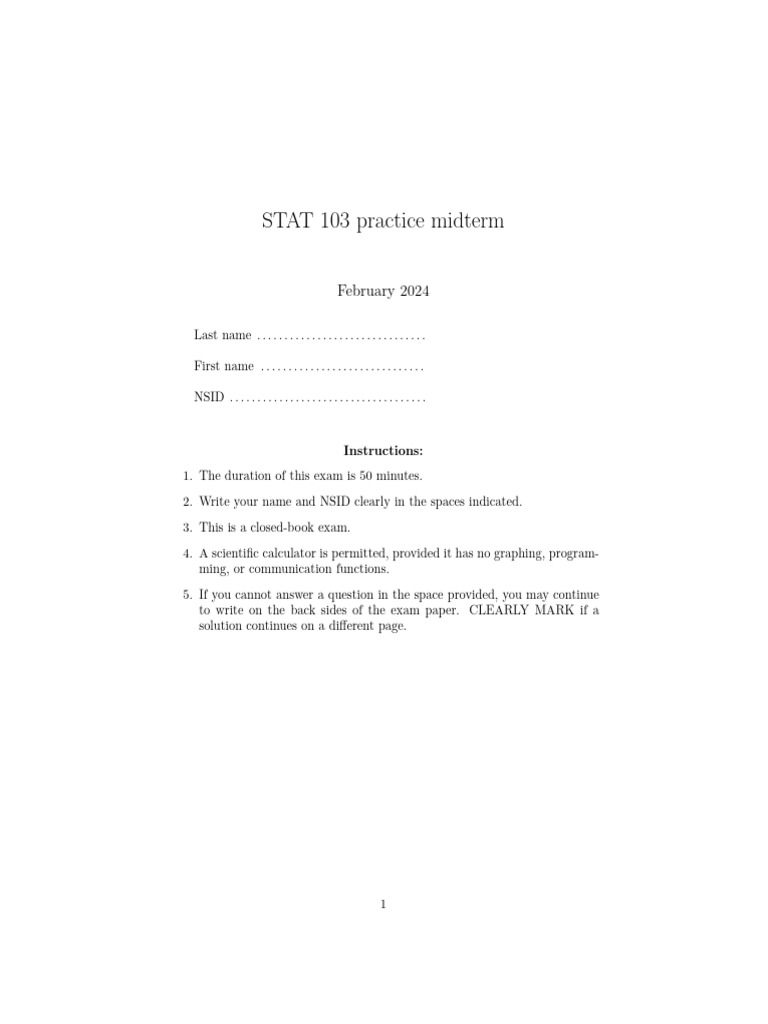 STAT 103 Practice Midterm | PDF | Mathematics