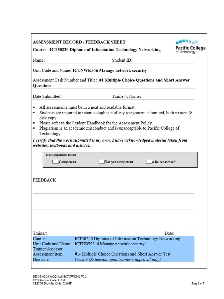 ICTNWK546 - Assessment 1 - MCQs and SAQs | PDF | Security | Computer ...