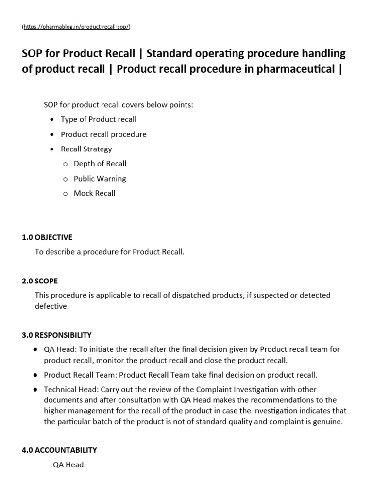 SOP for Product Recall | PDF | Food And Drug Administration | Quality ...