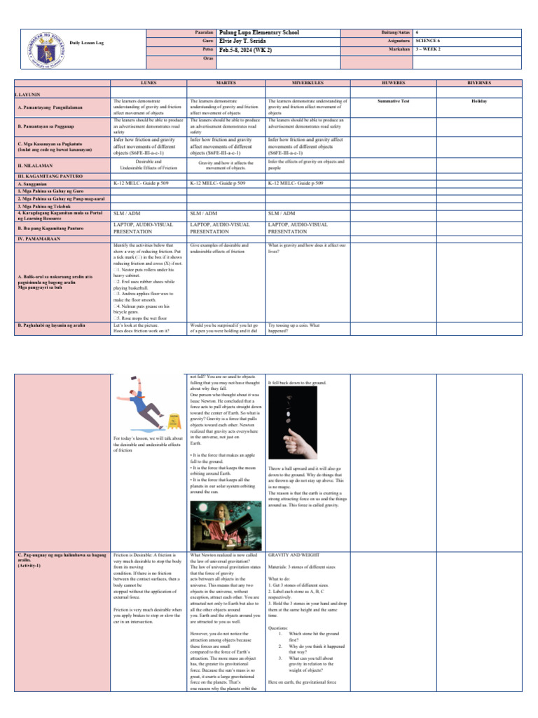 Science 6 Week 2 | PDF | Force | Weight
