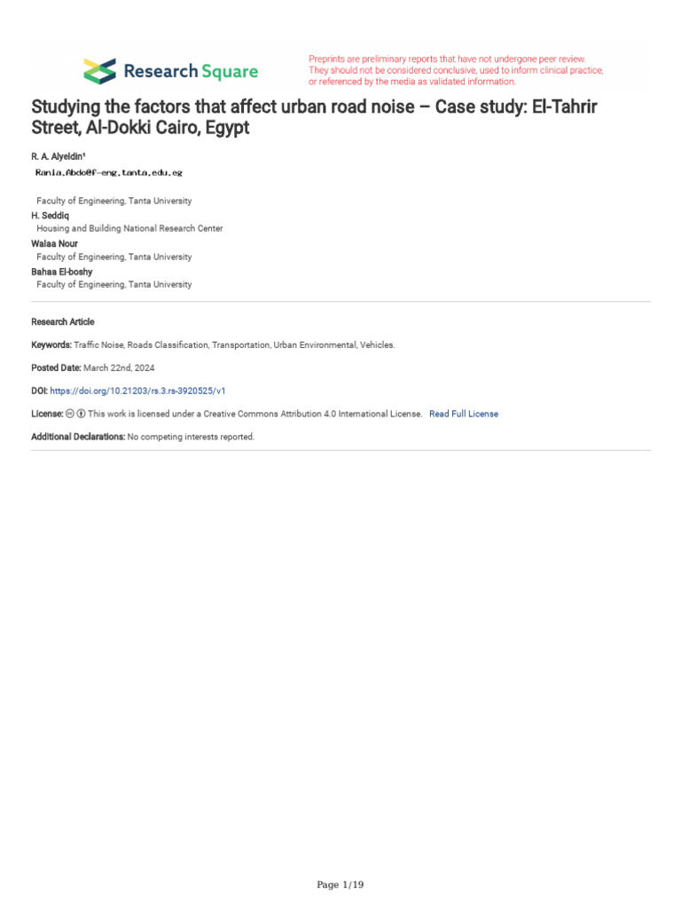 Studying The Factors That Affect Urban Road Noise - Case Study: El-Tahrir Street, Al-Dokki Cairo ...