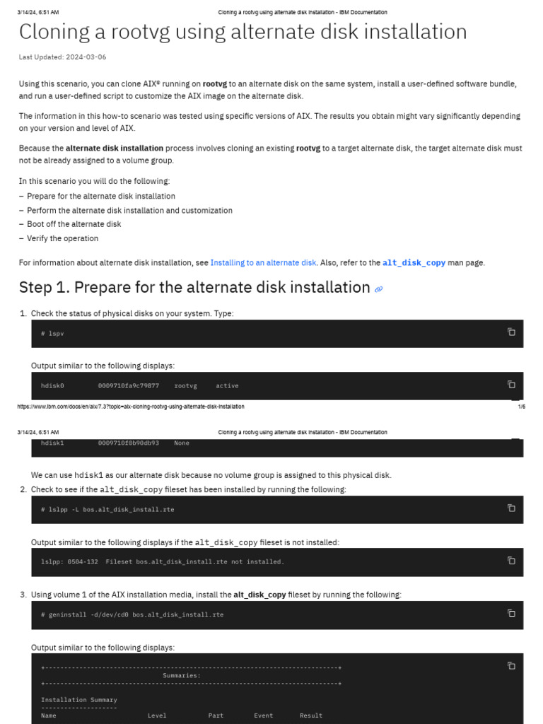 Cloning A Rootvg Using Alternate Disk Installation - IBM Documentation | PDF | Booting ...