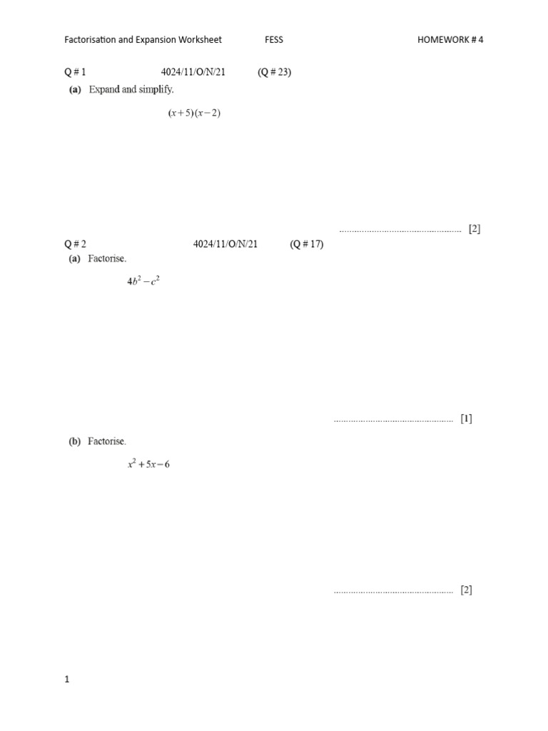 Homework # 4 (Factorisation and Expansion) | PDF
