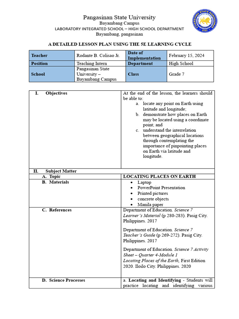 5E Lesson Plan: Locating Places on Earth | PDF | Latitude | Longitude