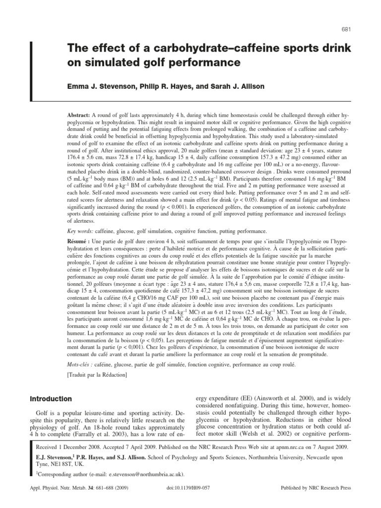 The Effect of A Carbohydrate-Caffeine Sports Drink On Simulated Golf Performance - 2009 | PDF ...