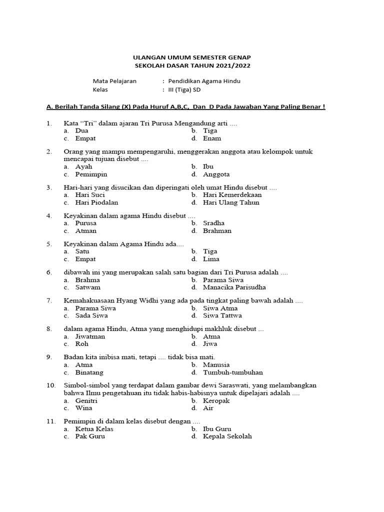 Ulangan Umum Semester Genap Kls 3 | PDF