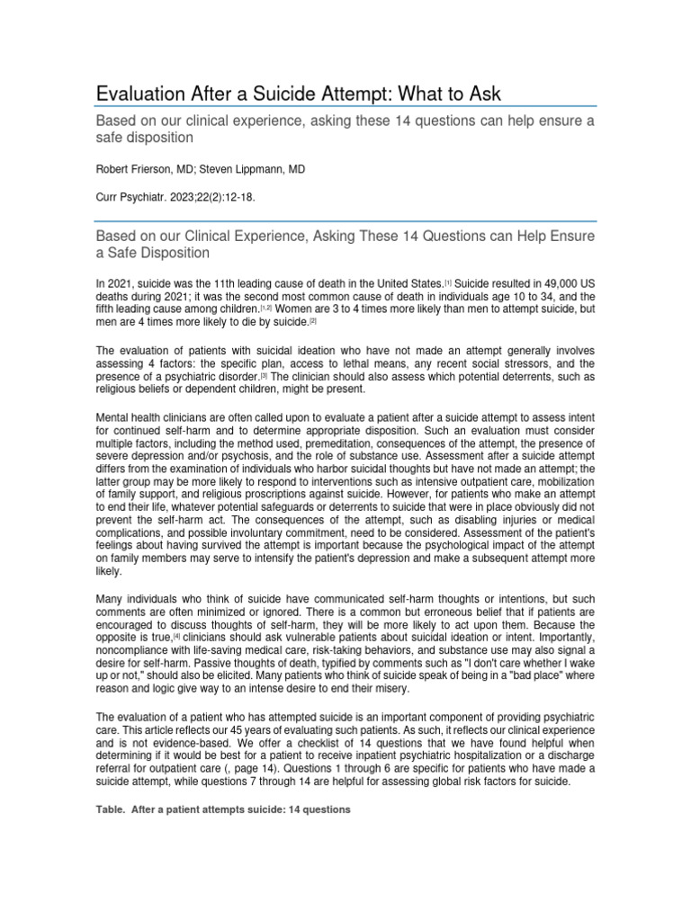 Evaluation After A Suicide Attempt What To Ask | PDF | Psychosis | Suicide