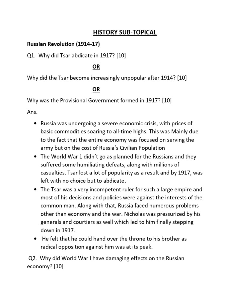 1914-17 Russian Revolution Sub-Topical | PDF | Russian Empire | Russian ...