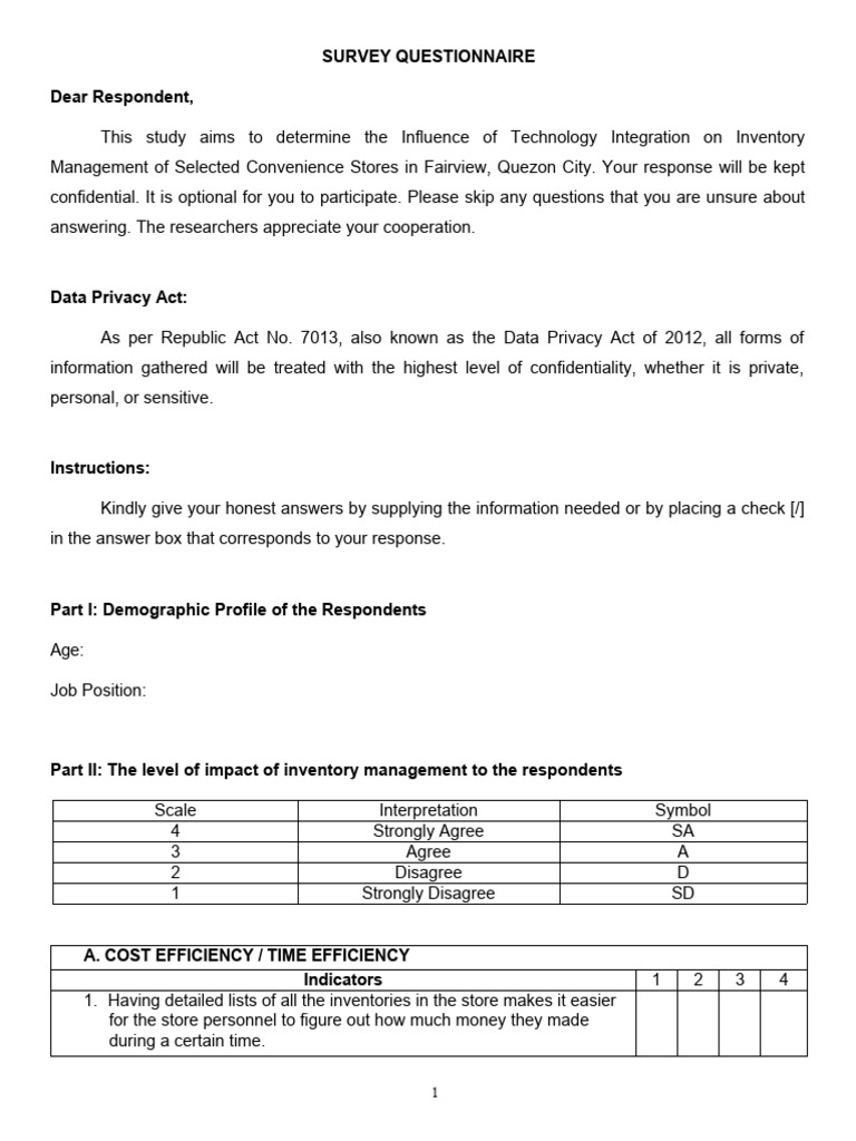 Survey Questionnaire | PDF | Inventory | Business
