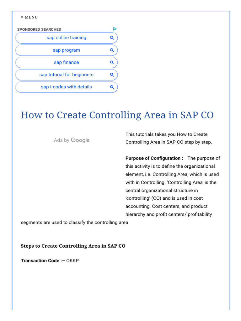 How To Create Controlling Area in SAP CO - SAP Training Tutorials | PDF