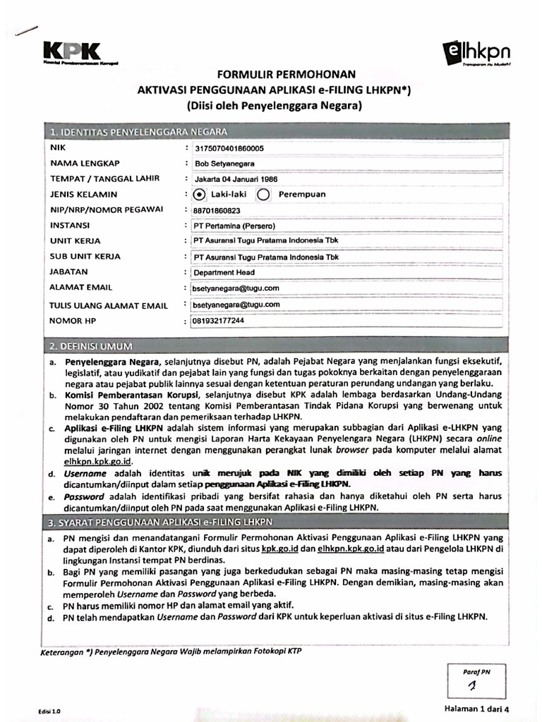 Formulir Permohonan Aktivasi Penggunaan Allikasi E-FILING LHKPN | PDF