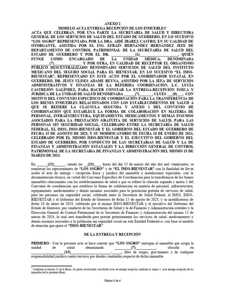 Modelo Acta Entrega Inmuebles VF Llena 140324 | PDF | Bienestar