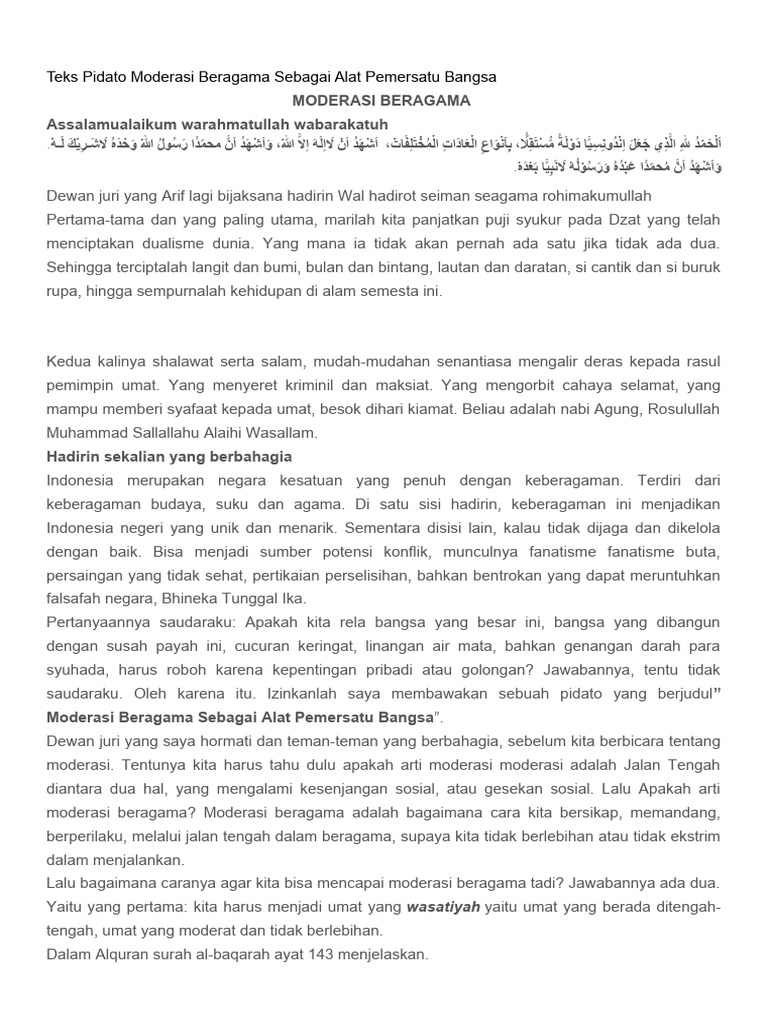 Teks Pidato Moderasi Beragama Sebagai Alat Pemersatu Bangsa | PDF