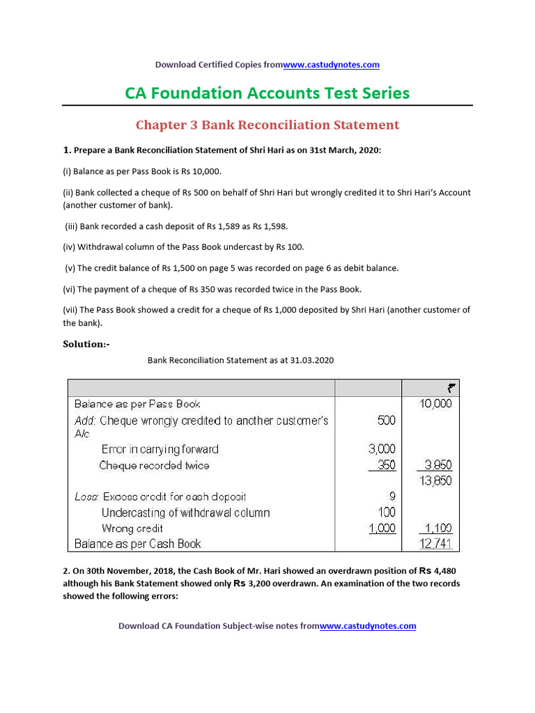 Bank Reconciliation Practicals - Solution | PDF