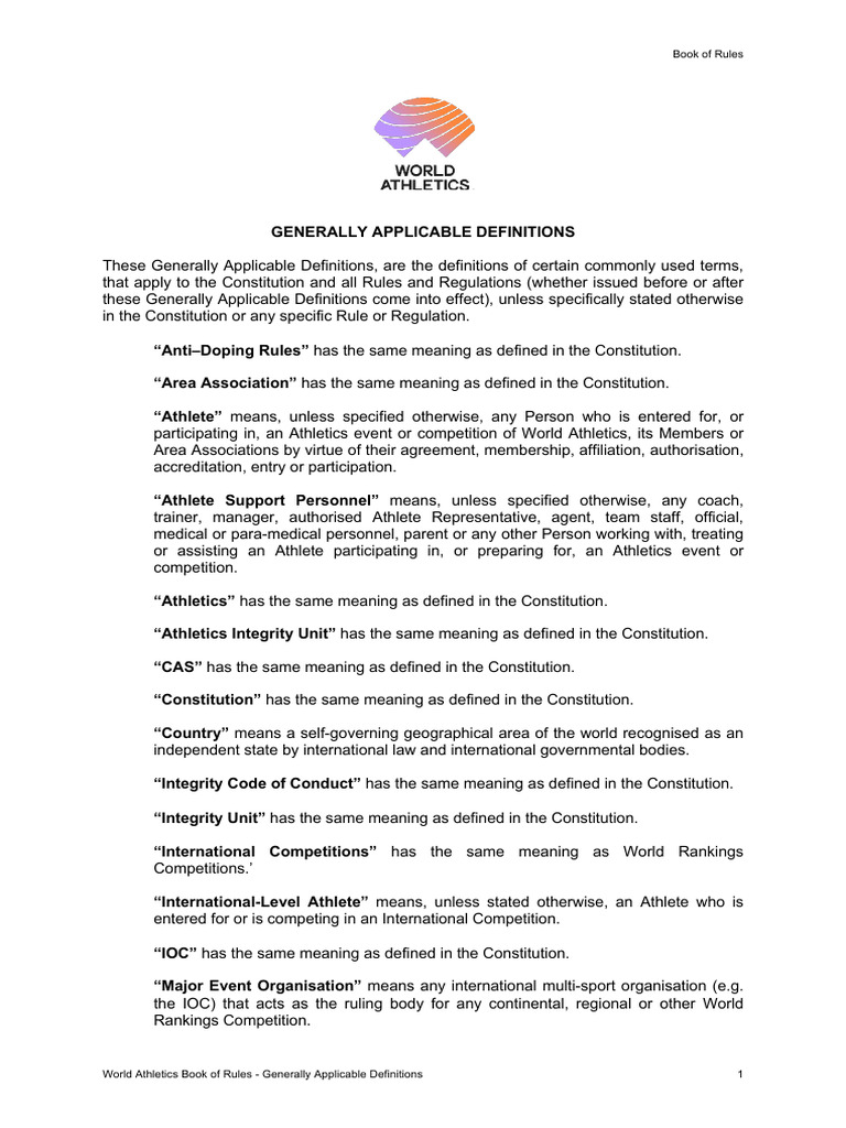 Generally Applicable Definitions | PDF | Sport Of Athletics | Constitution