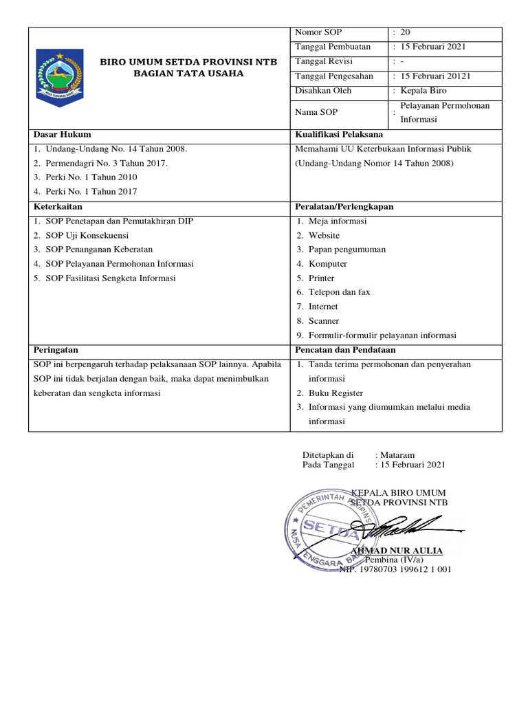 SOP Pelayanan Informasi NTB | PDF