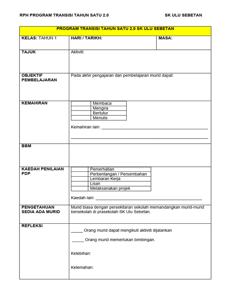 Template RPH Program Transisi Tahun Satu | PDF