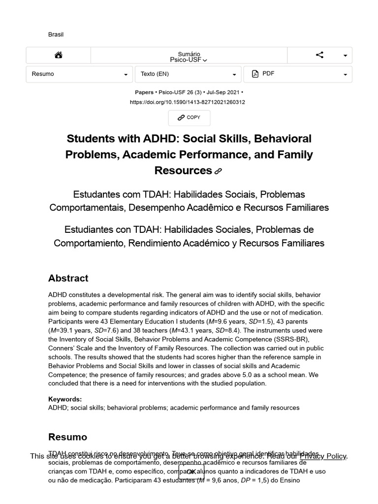Students With ADHD: Social Skills, Behavioral Problems, Academic Performance, and Family ...