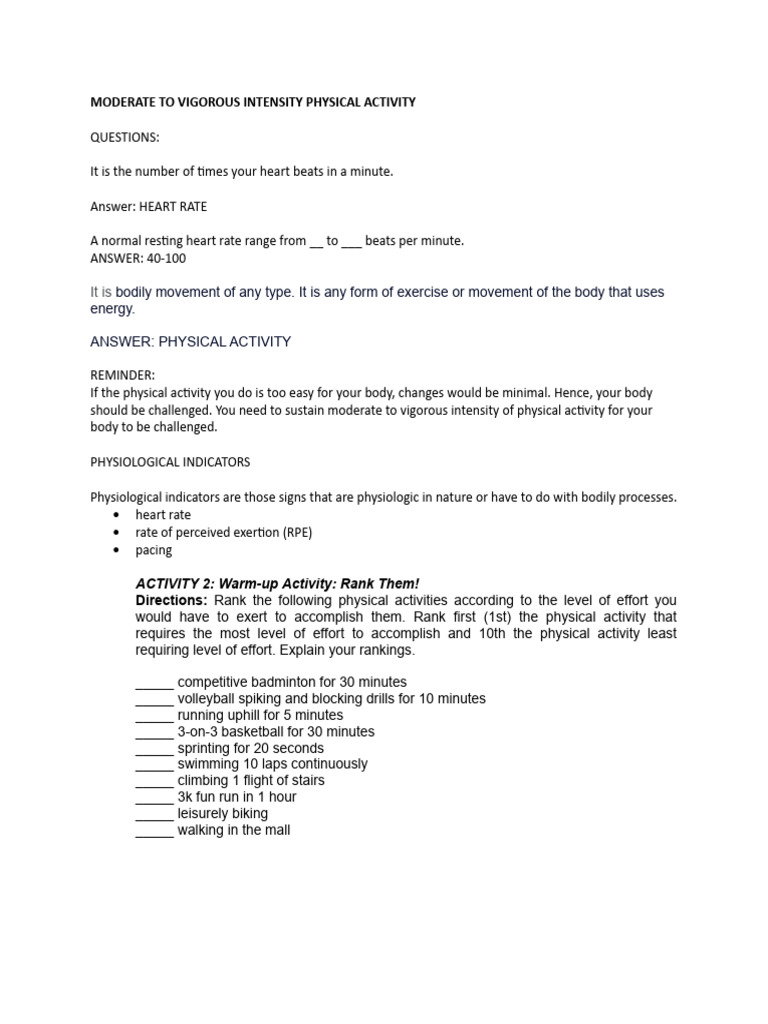 Moderate To Vigorous Intensity Physical Activity | PDF | Heart Rate | Physical Fitness