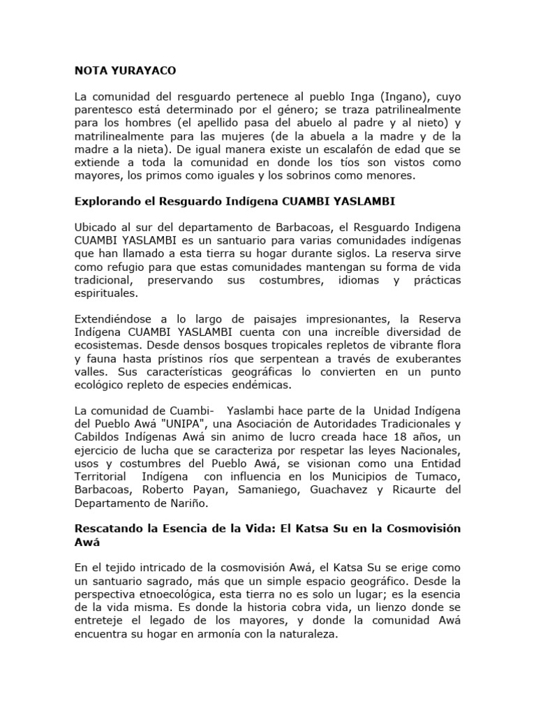 Resguardo Inga Yurayaco: Cultura y Naturaleza | PDF