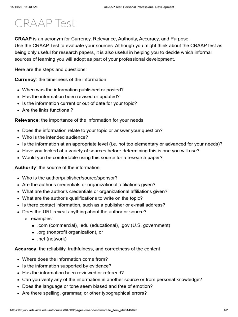 CRAAP Test - Personal Professional Development | PDF | Communication ...